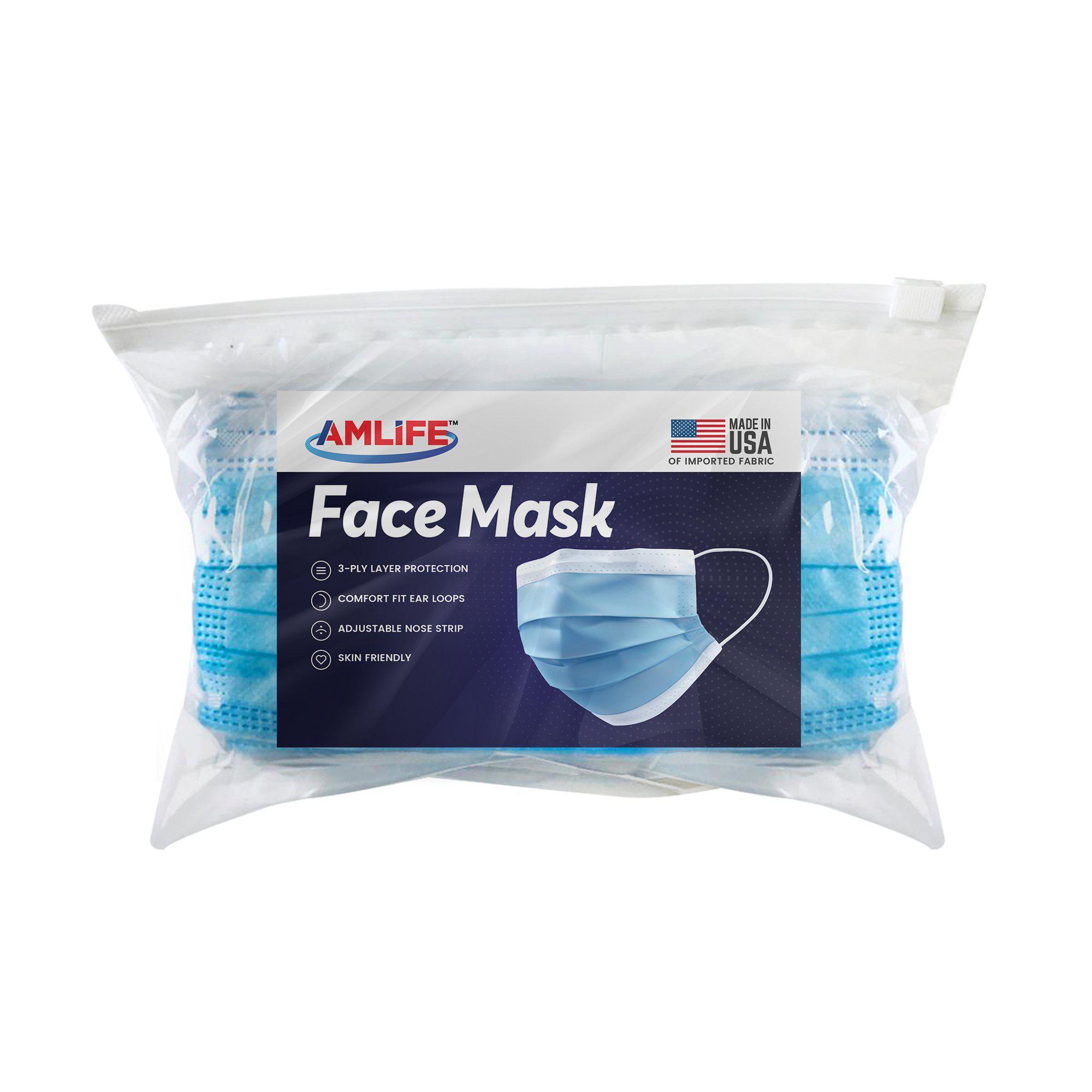 Amlife 100 Pack Face Mask Blue Made in USA Imported Fabric – Casaba Shop